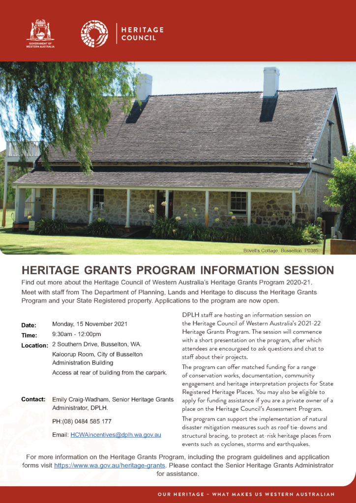 Heritage Grants Program Information Session (Busselton) | Shire of Collie